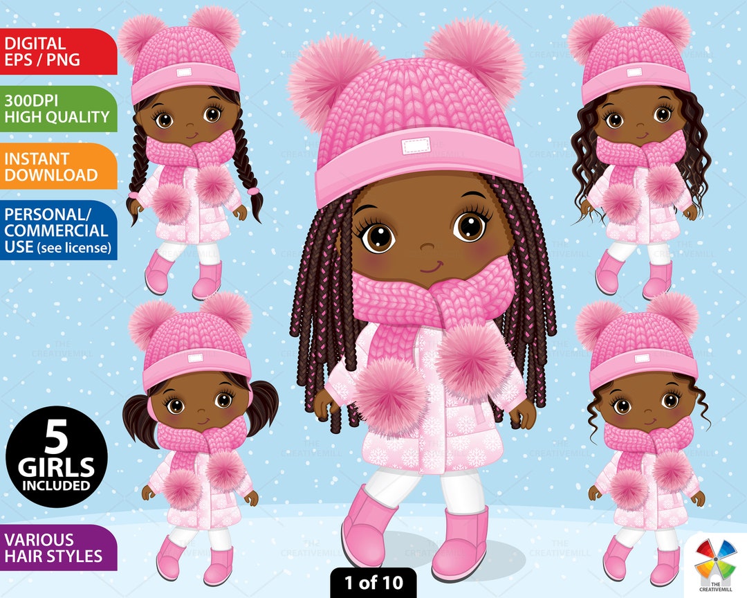 Cute Winter Girl Clipart, Vector Little Girl, Doll, Afro Character ...
