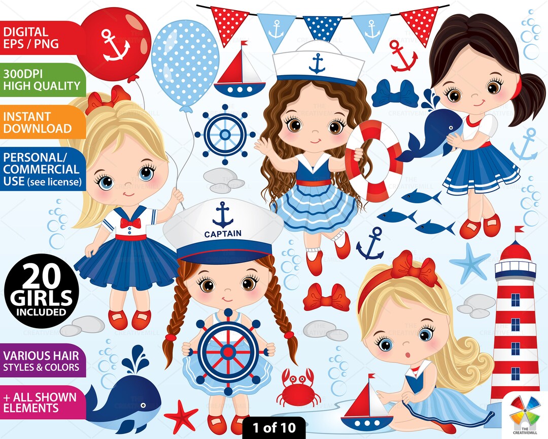Nautical Little Girls Clipart - Vector Nautical Kids Clipart, Nautical ...