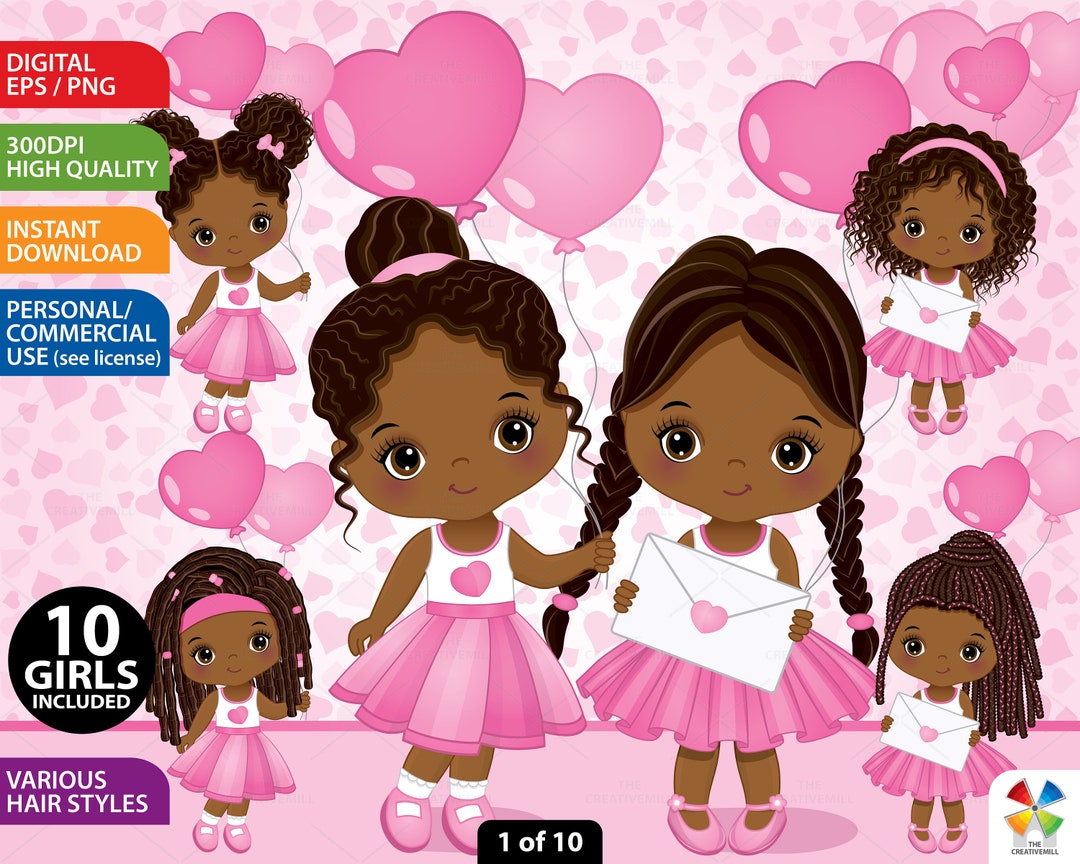 Valentines Day Girl Clipart, Vector Valentine Day, African American PNG ...