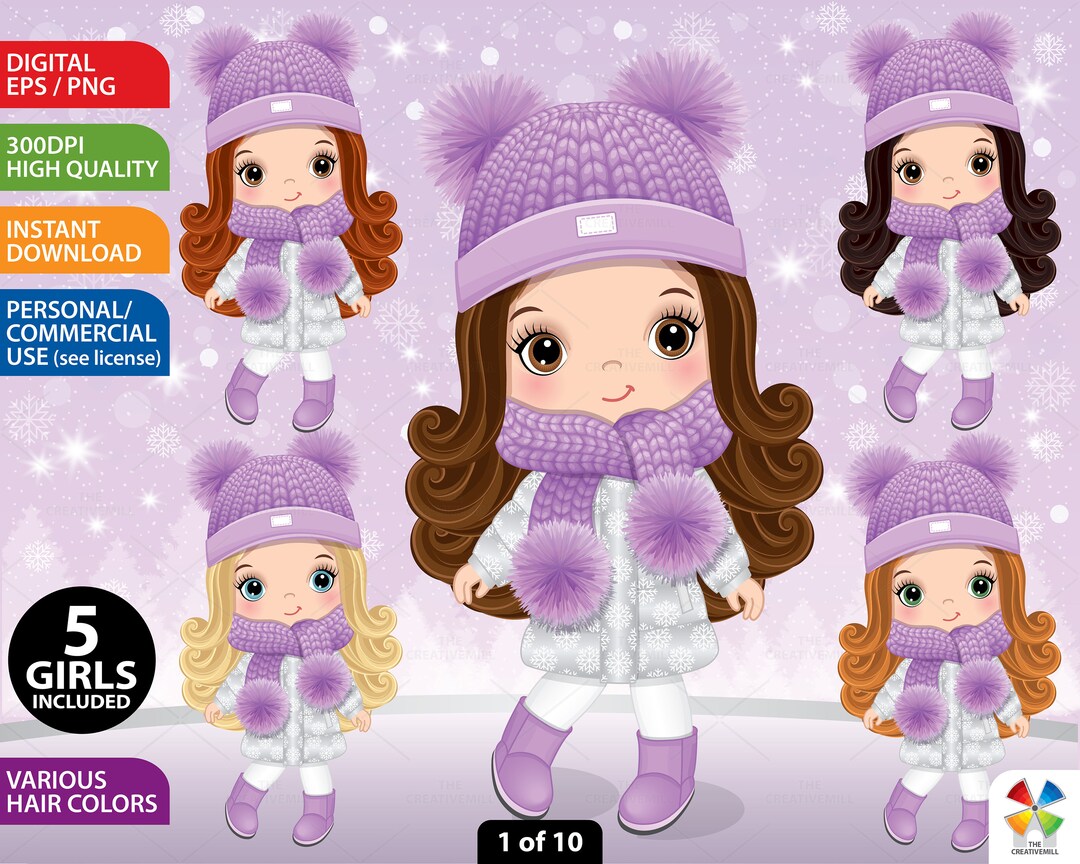Purple Winter Girl Clipart, Vector Little Girl, Doll, Character, Xmas ...