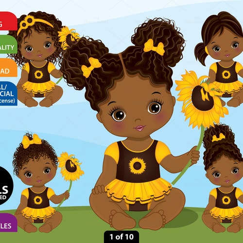 Sunflower Black Baby Girl Clipart Vector Cute Girl Clipart - Etsy