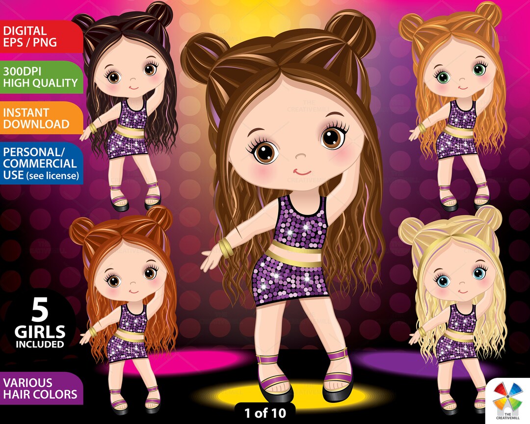 Disco Girl Clipart, Vector Dancer, Buns, Purple Sequins Dress, Blond ...