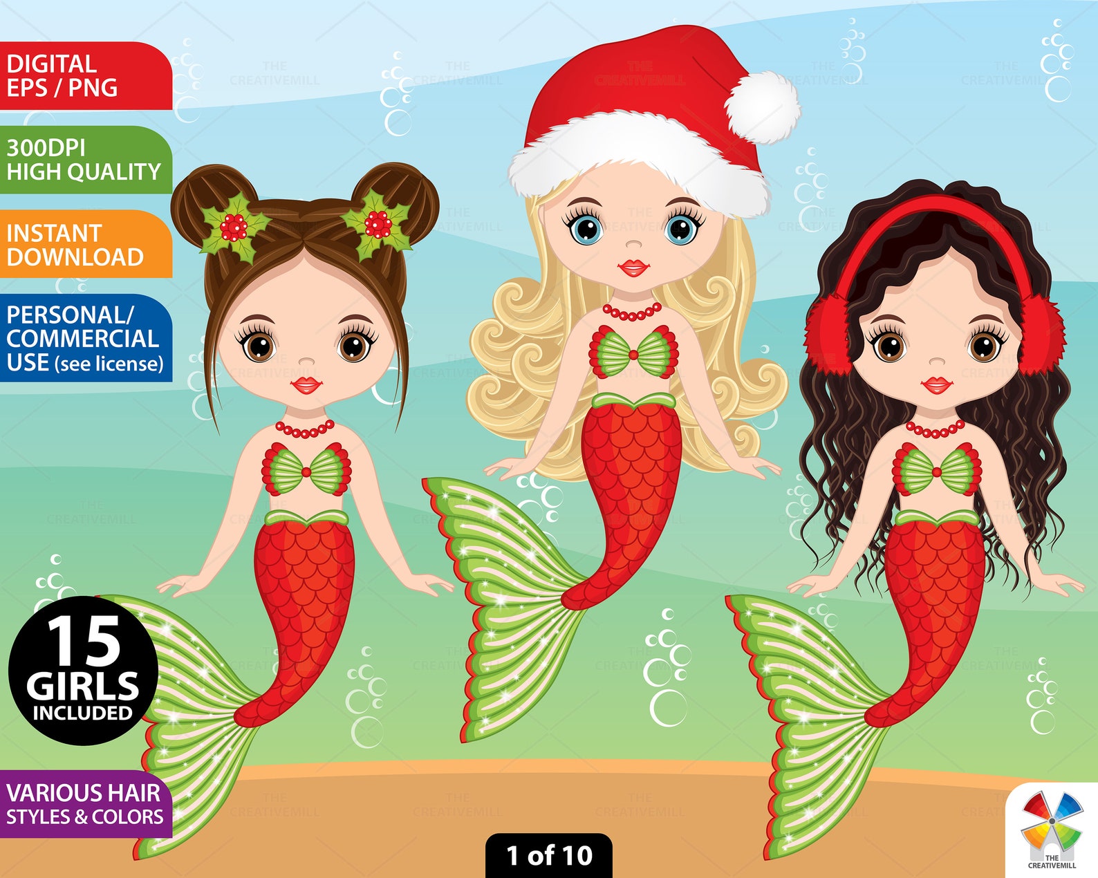 Christmas Mermaid Clipart Vector Cute Girl Xmas Mermaid PNG - Etsy