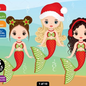 Christmas Mermaid Clipart, Vector Cute Girl, Xmas Mermaid, PNG Mermaid ...