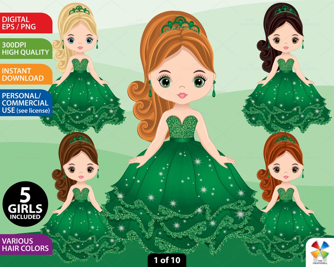 Quinceanera Clipart, Vector Princess Gown, Green Dress, Queen, Girl PNG ...