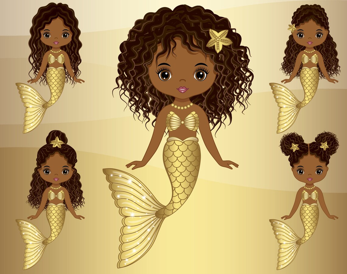 Gold Mermaid Clipart Vector Mermaid Fish Girl Black | Etsy