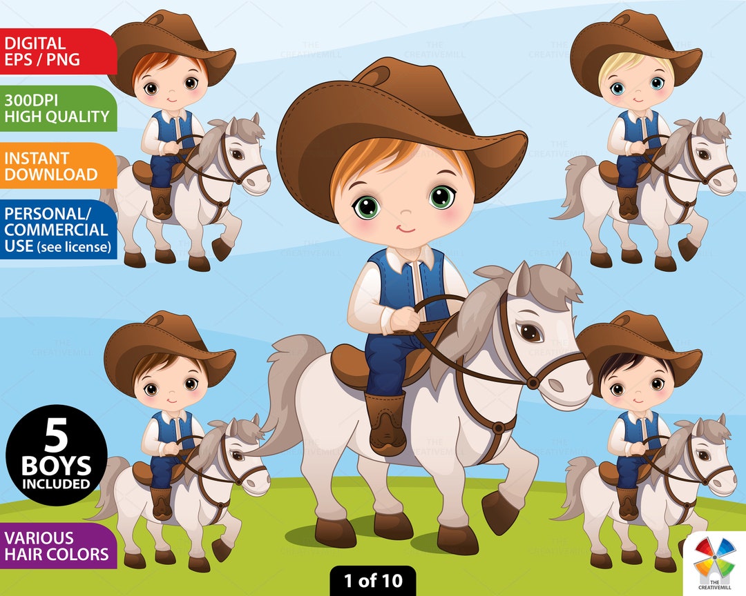 Little Cowboy Clipart, Vector Wild West, Cute Boy PNG, Boy Riding Horse ...
