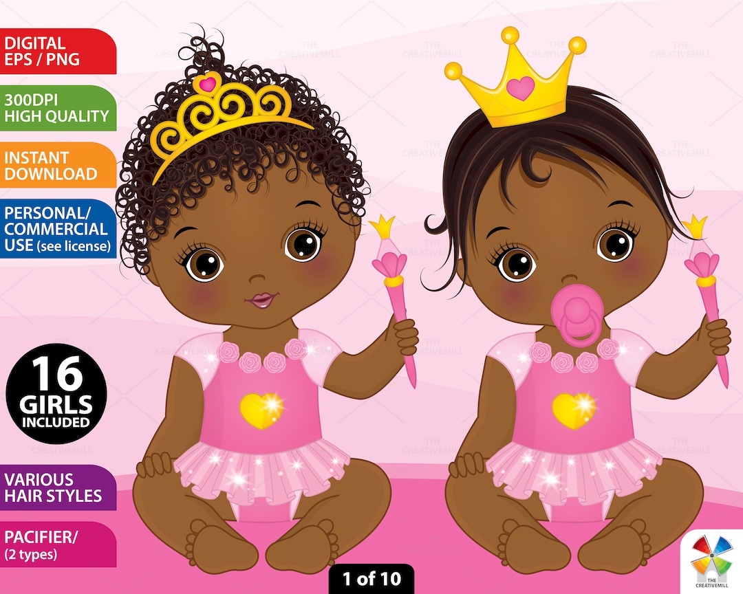 Black Baby Princess Clipart - Vector Baby Clipart, Girl Clipart, Queen ...