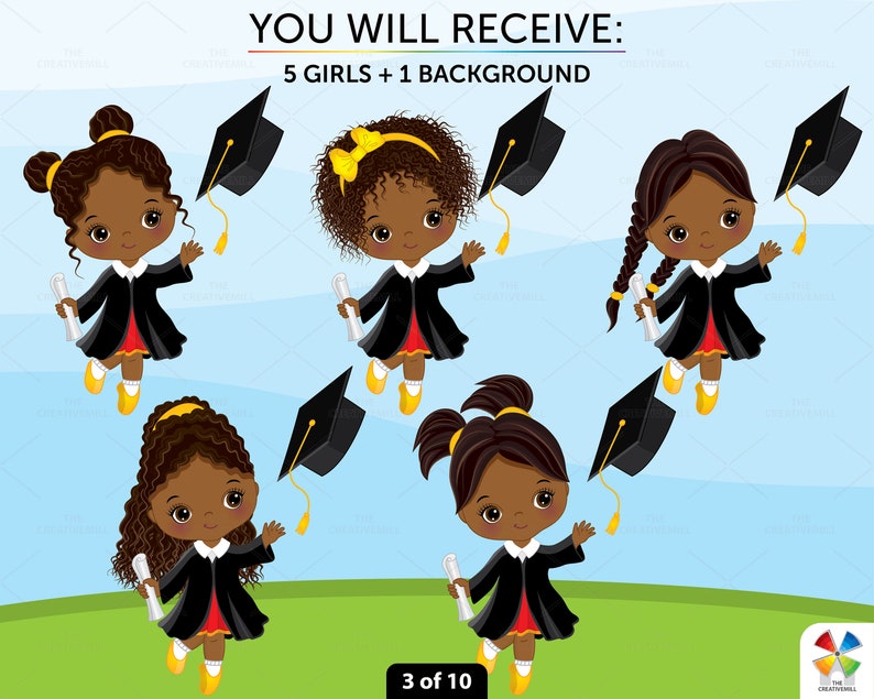 Graduation African American Girls Clipart Digital Vector - Etsy