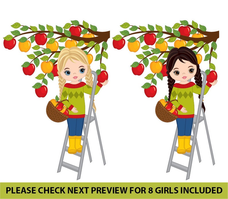Girls Picking Apples Clipart Vector Apples Clipart Girls - Etsy