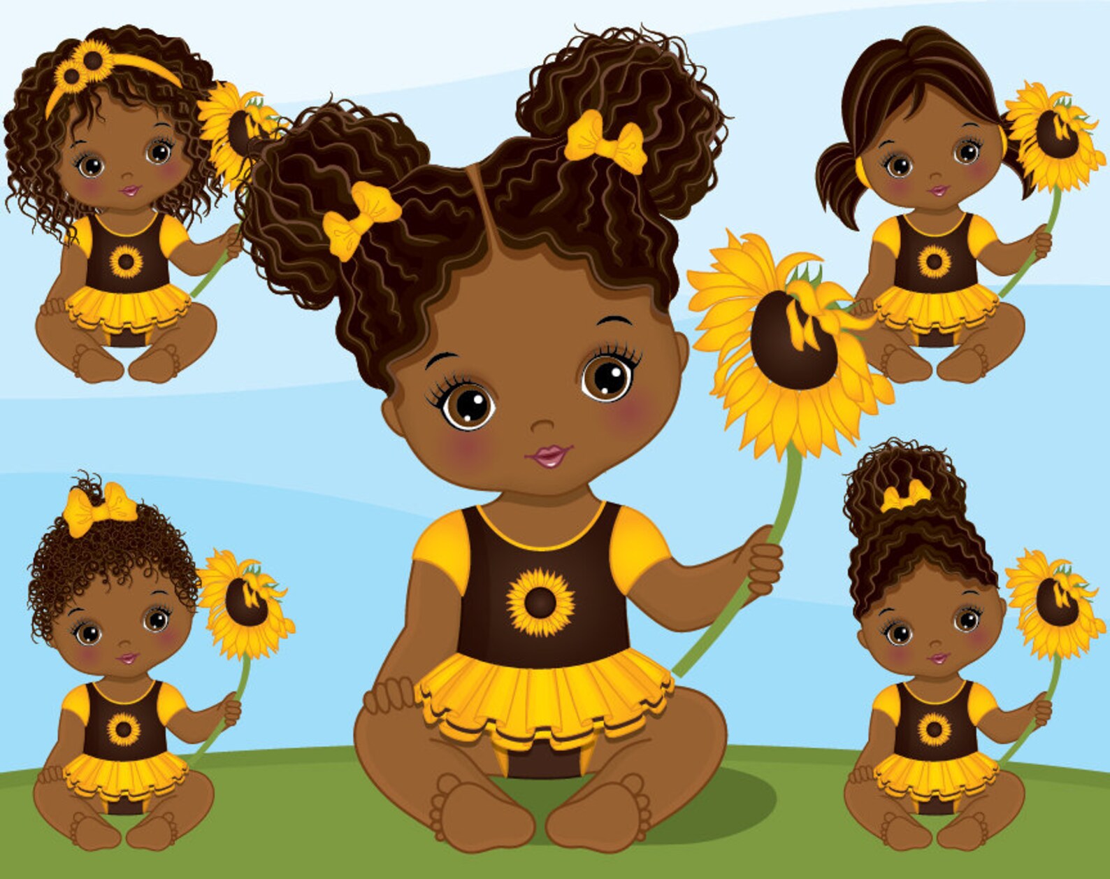 Sunflower Black Baby Girl Clipart Vector Cute Girl Clipart | Etsy