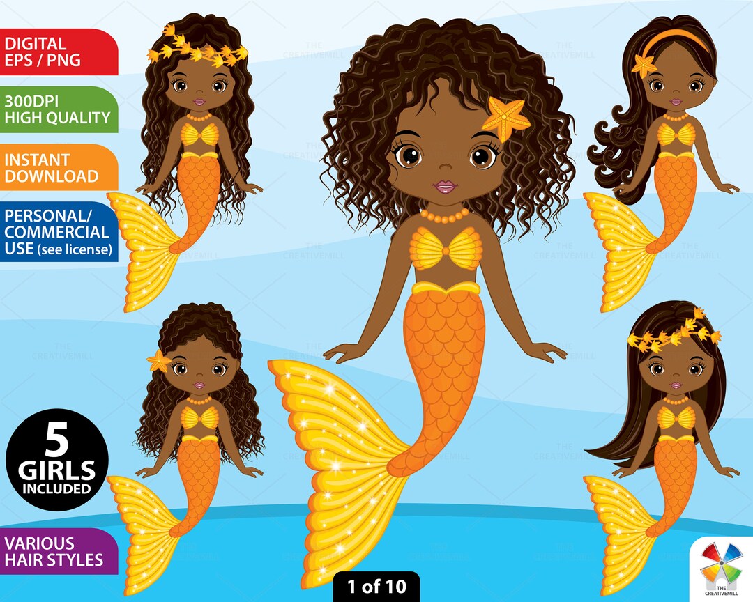 African American Mermaids Clipart - Vector Mermaids Clipart, Fish Girls ...