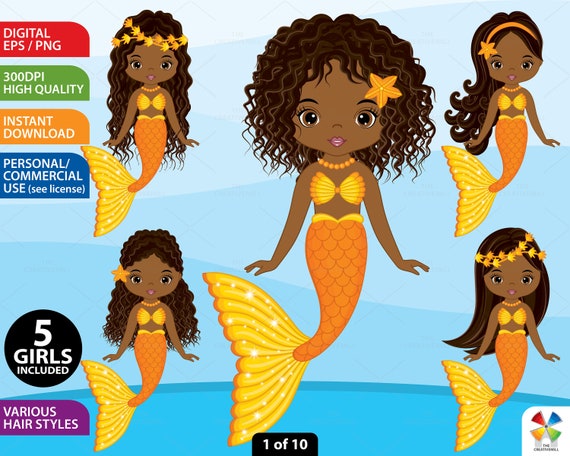 African American Mermaids Clipart Vector Mermaids Clipart - Etsy