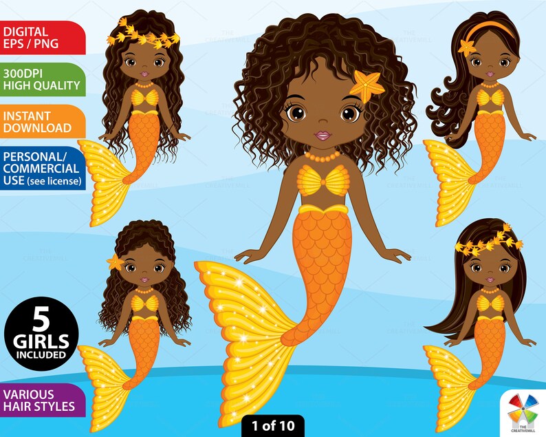 African American Mermaids Clipart Vector Mermaids Clipart - Etsy