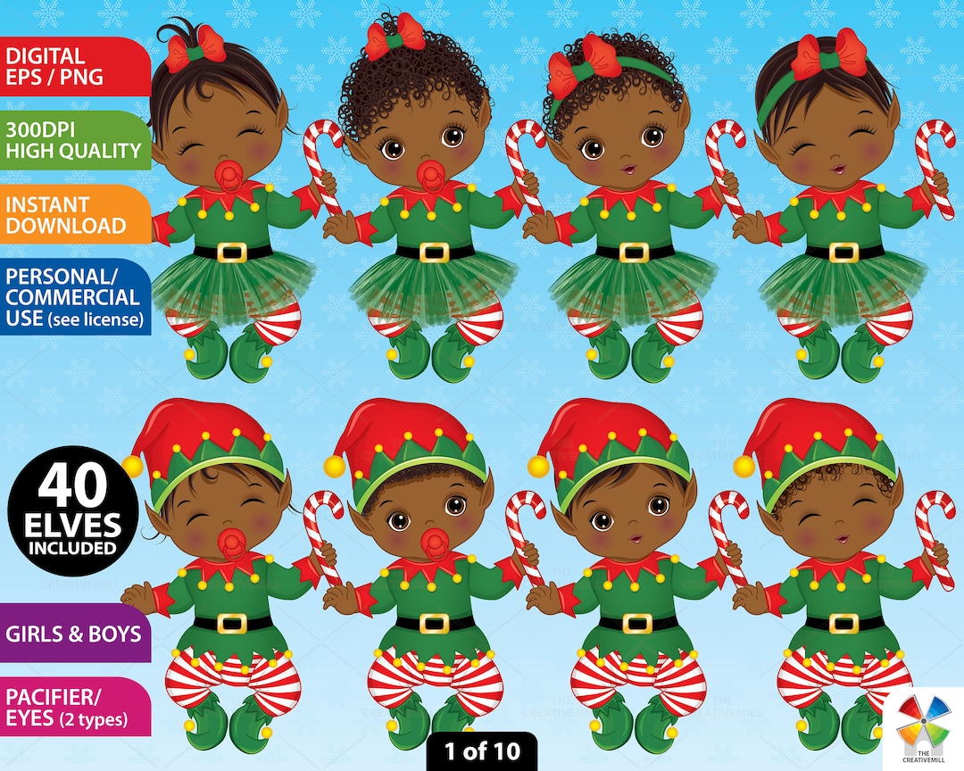 Black Baby Elf Clipart, Vector Newborn, Little Elves PNG, Toddler, Xmas ...