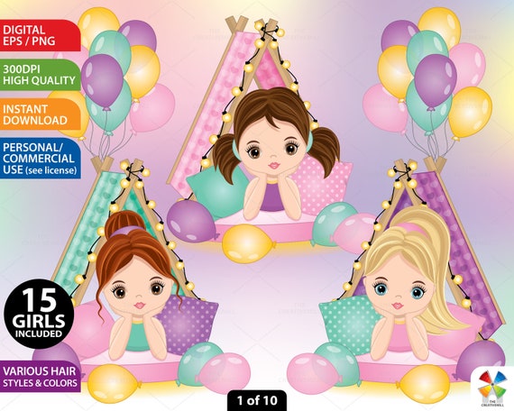 Slumber Party Clipart Vector Teepee Sleepover Pastel Hair - Etsy