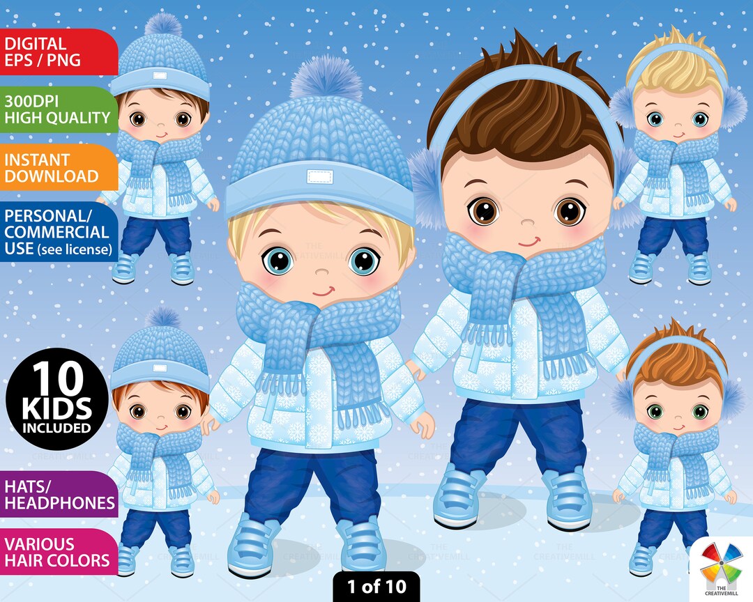Cute Winter Boy Clipart, Vector Little Boy, Doll, Character, Christmas ...