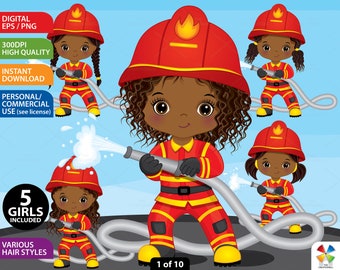 Black Girl Firefighter Clipart Vector Fireman Afro Little - Etsy