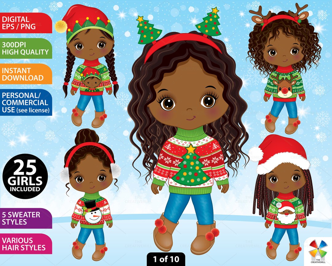 Christmas Girl Clipart, Vector Little Girl, Doll Character, Xmas, Ugly ...