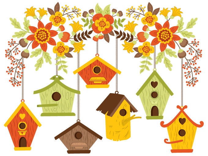 Bird House Clipart Digital Vector Birdhouse Flowers | Etsy