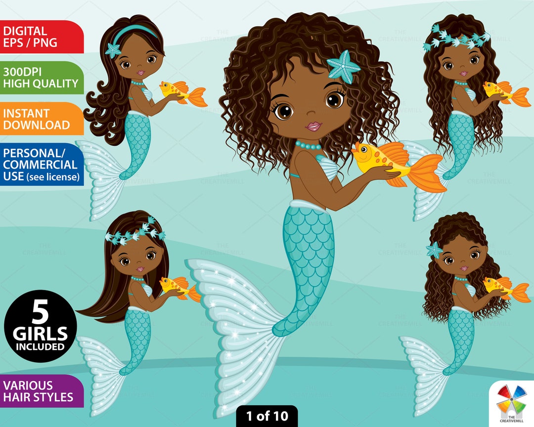 African American Mermaid Clipart - Vector Mermaid Clipart, Fish Girl ...