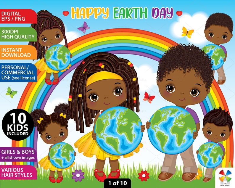 Earth Day Clipart Vector Environment Cute Boy Afro Girl - Etsy