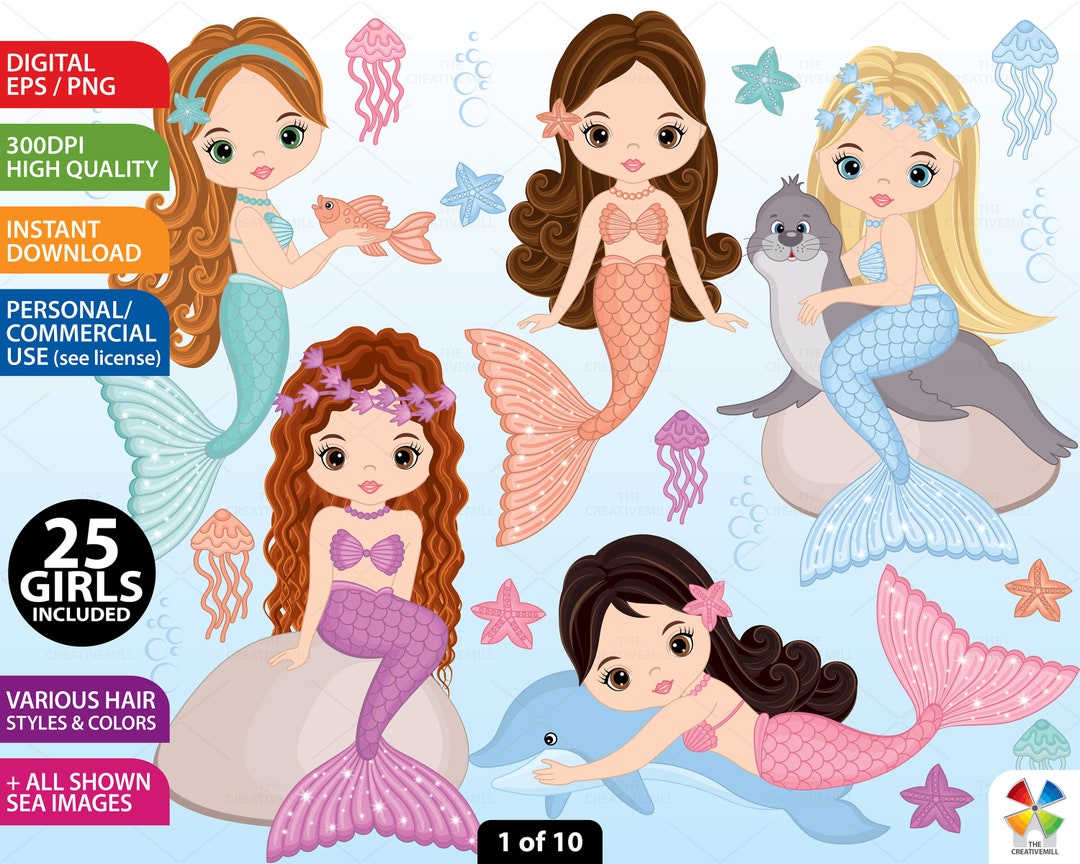 Mermaids Clipart, Vector Mermaids, Fish Girls Clipart, Pastel ...