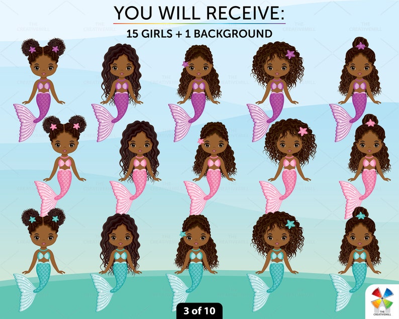 Black Mermaid Clipart Vector Afro Girl Cute Mermaid PNG - Etsy