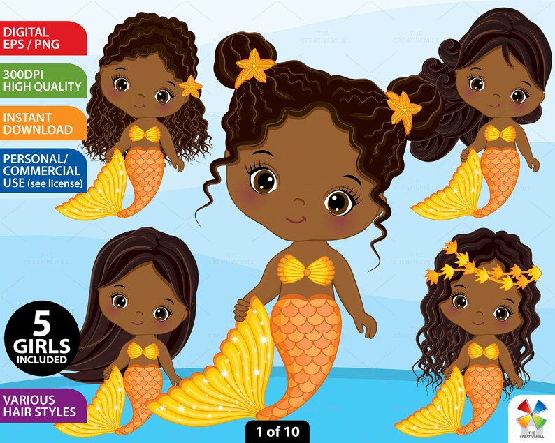 African American Little Mermaid Clipart Vector Mermaid - Etsy