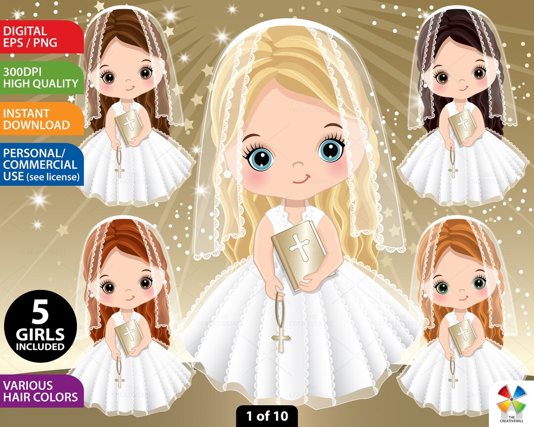First Communion Clipart, Vector Religious, Cute Girl, Catholic, Church ...