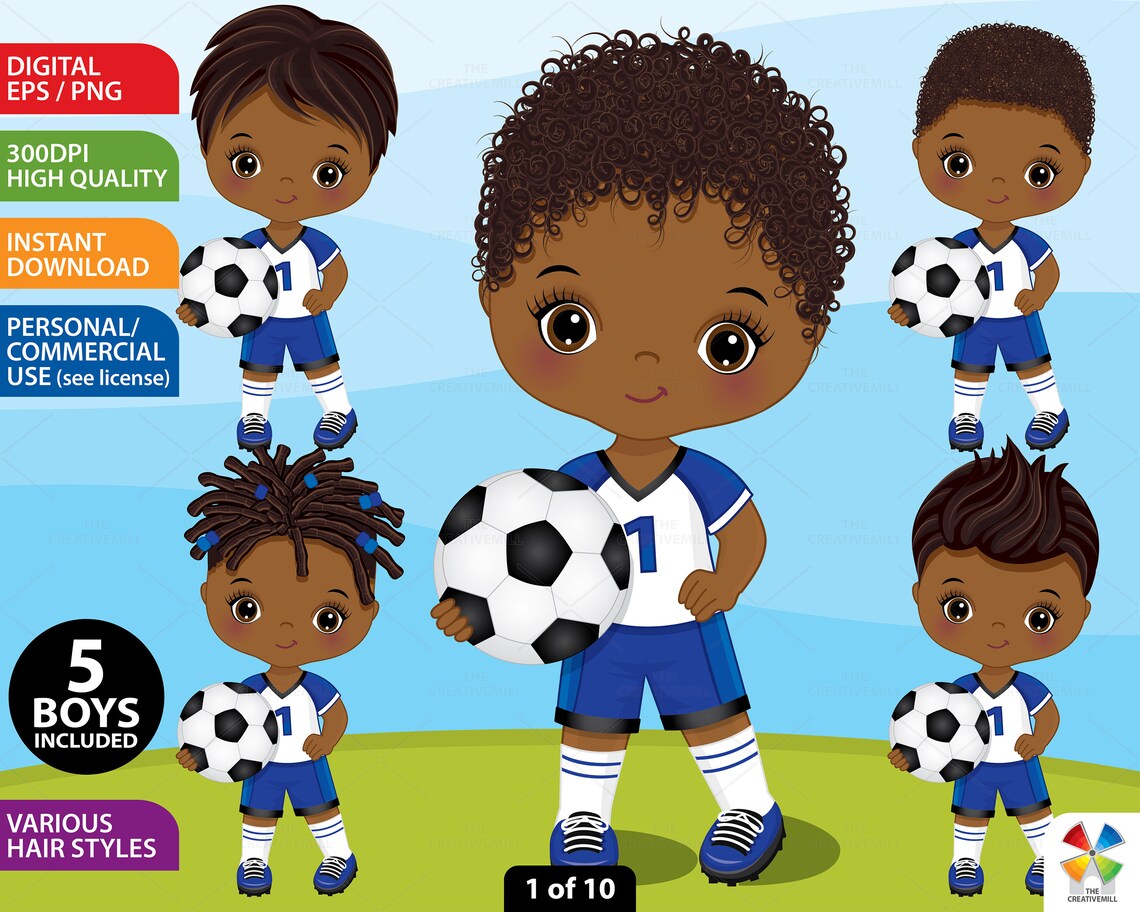 Soccer Black Boy Clipart Vector Football Cute Little Boy - Etsy