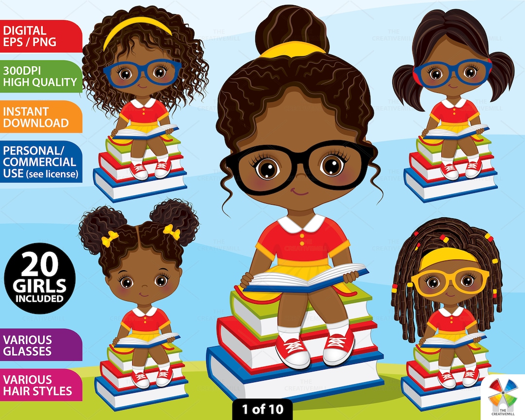 Afro Girl Reading Clipart, Vector School Kid, African American, Study ...