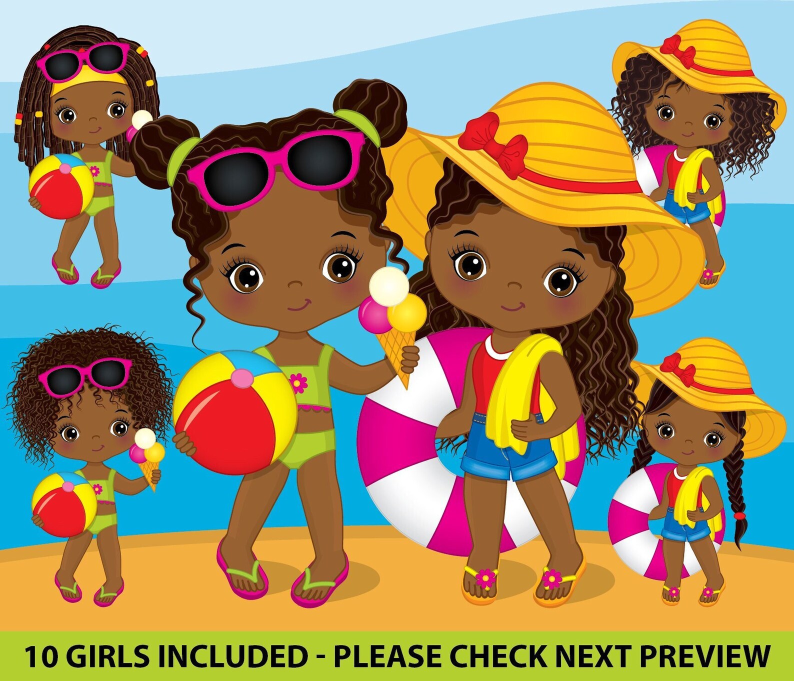Afro Girl Beach Clipart Vector Summer Girl Cute Little Girl | Etsy