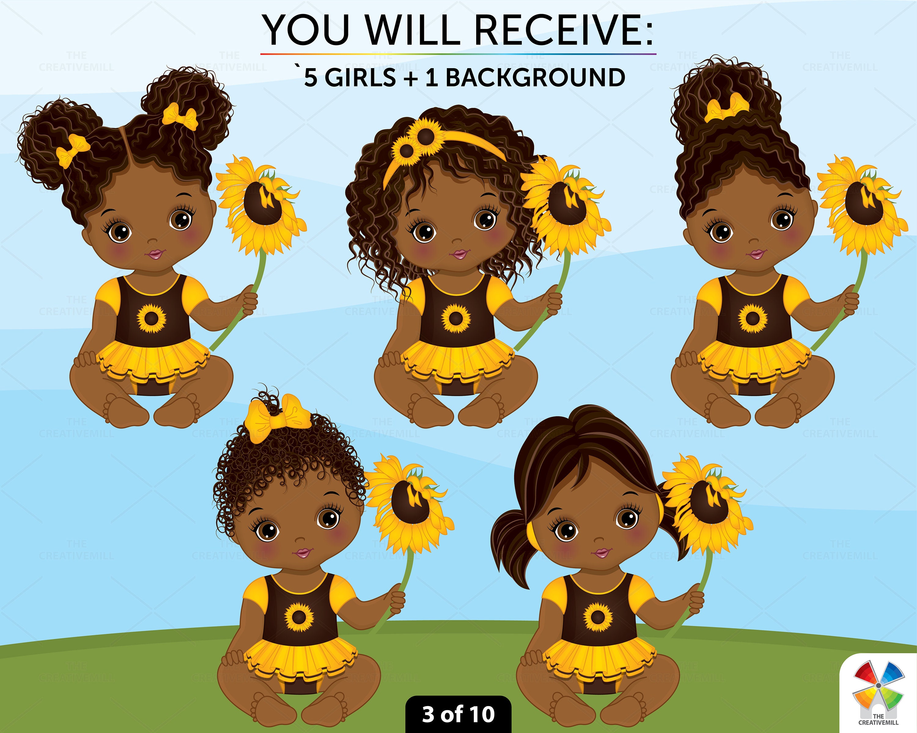 Sunflower Black Baby Girl Clipart Vector Cute Girl Clipart - Etsy