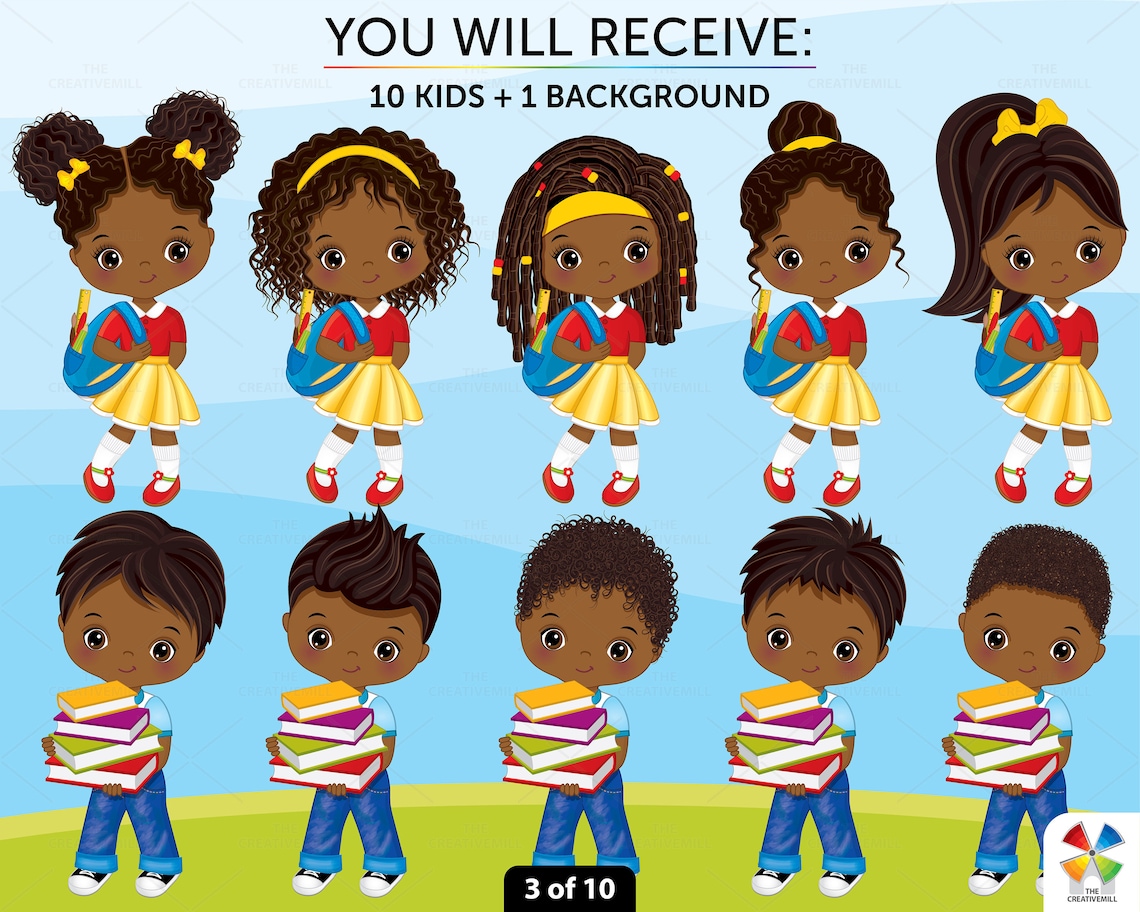 Back to School Clipart Vector School Afro Girl and Boy - Etsy