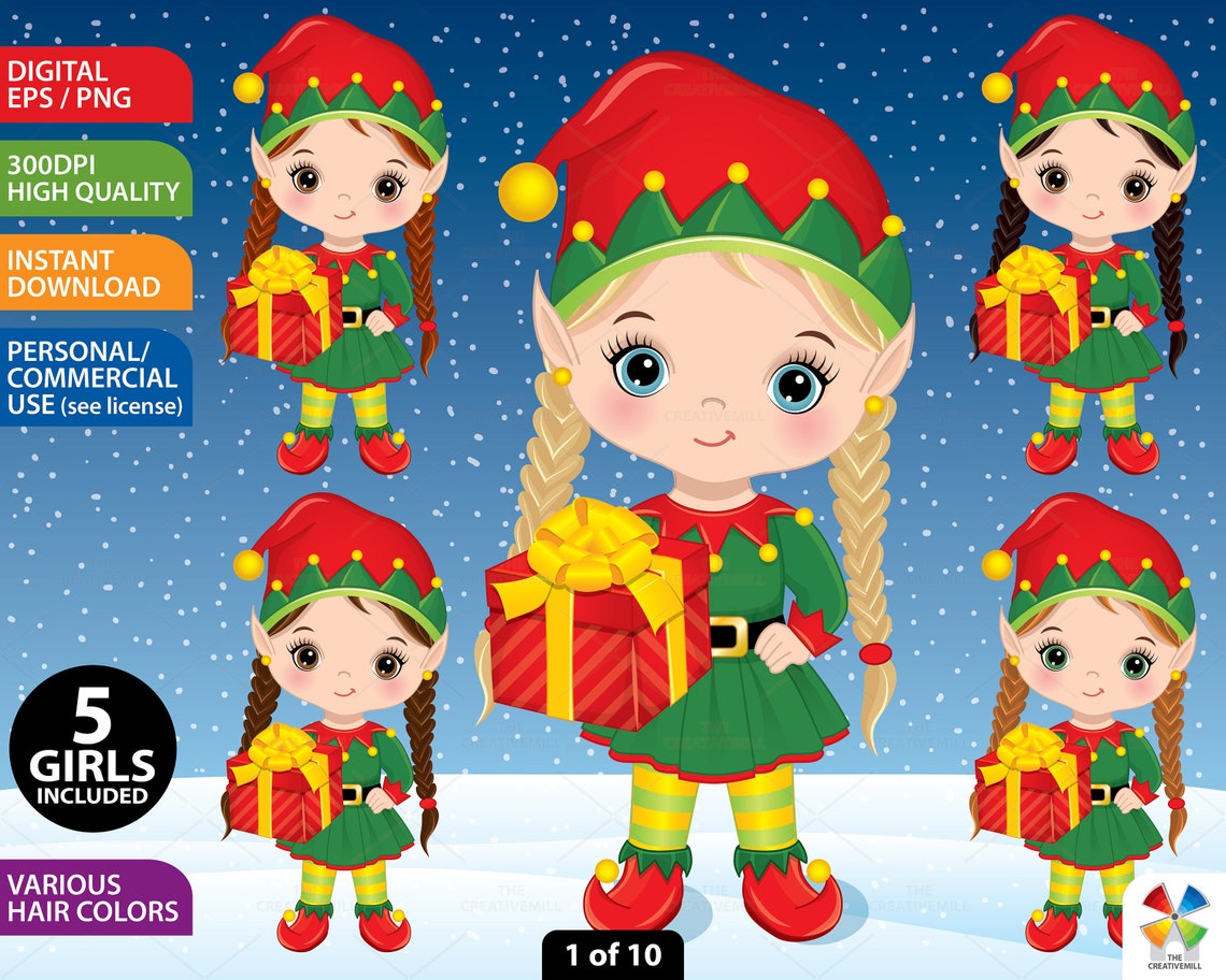 Christmas Elf Girl Clipart Vector Xmas Elf Santa Helper - Etsy