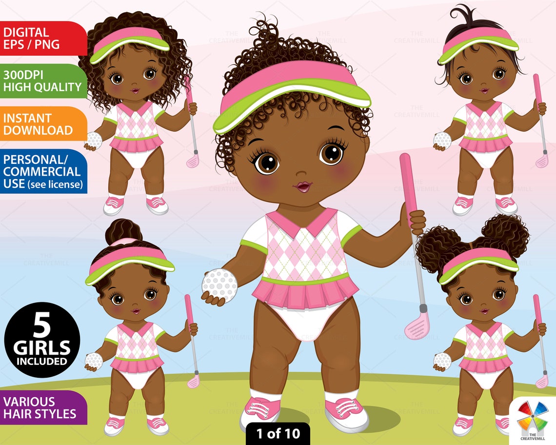 Golf Baby Girl Clipart Vector Golf Clipart Cute Black Baby - Etsy