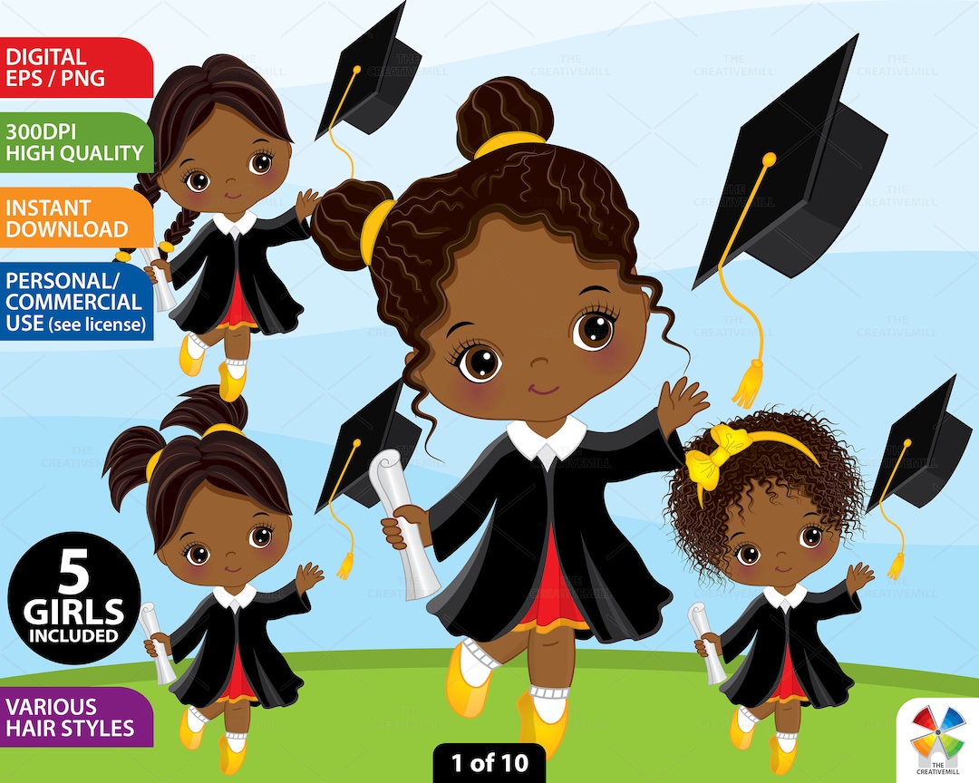 Graduation African American Girls Clipart - Digital Vector, Student ...