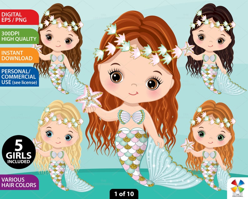 Glitter Mermaid Clipart Vector Girl Clipart Baby Mermaid - Etsy