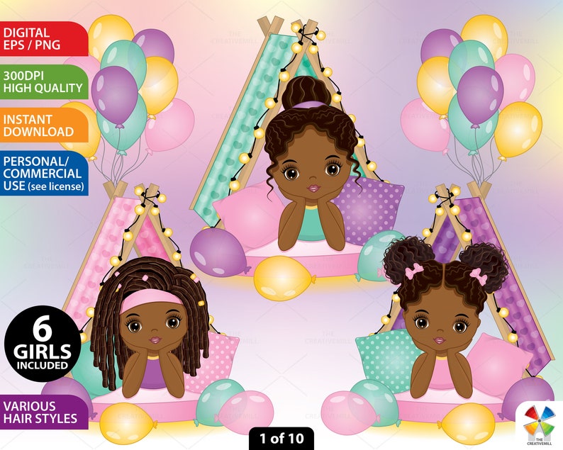 Slumber Party Clipart Vector Teepee Sleepover Afro Puff - Etsy