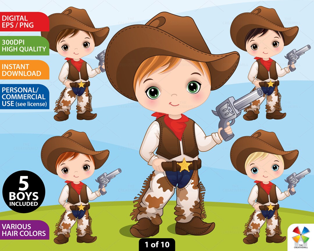 Little Cowboy Clipart, Vector Wild West, Cute Boy PNG, Boy With Gun ...