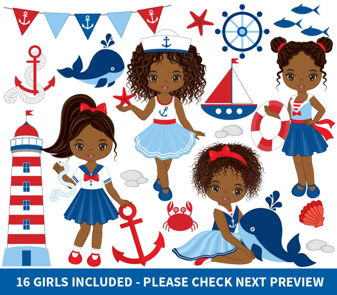 African American Nautical Girls Clipart - Vector Nautical Kids Clipart ...