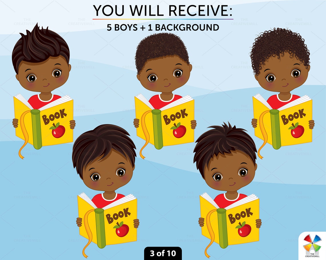 Boy Reading Clipart Vector School Kid African American - Etsy