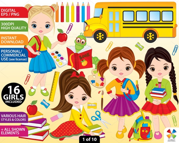 Back to School Clipart Vector School Clipart School Girls - Etsy