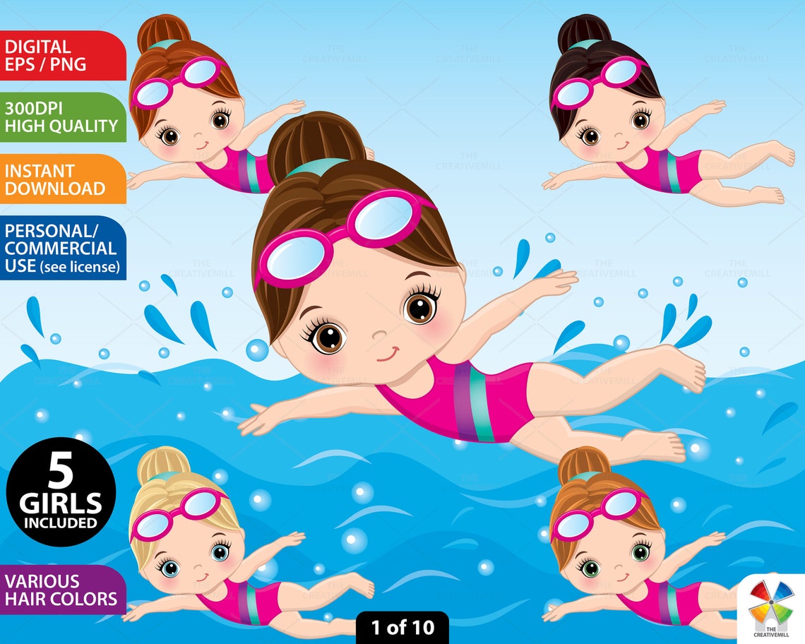 Swimming Girl Clipart Vector Swimmer Cute Little Girl Sport - Etsy