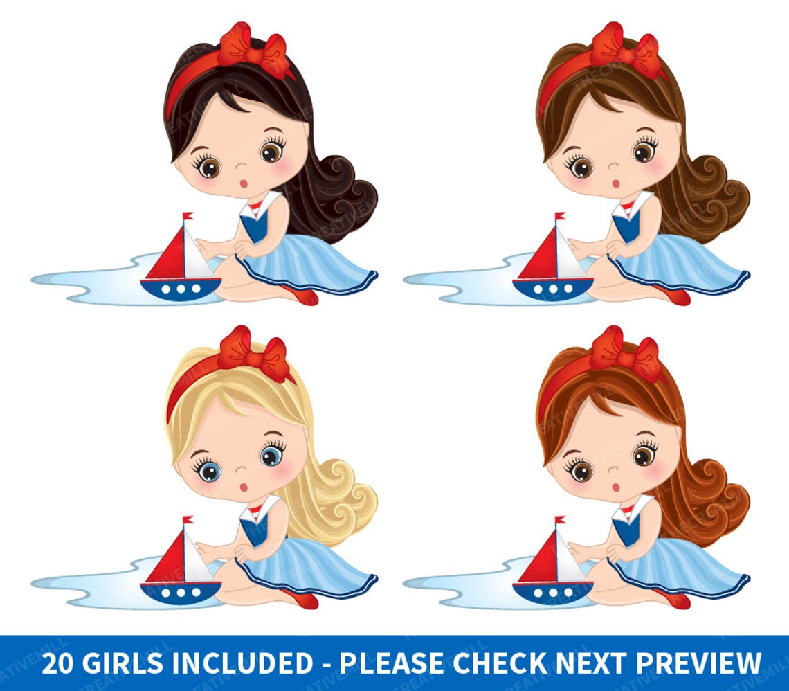 Nautical Little Girls Clipart Vector Nautical Kids Clipart | Etsy