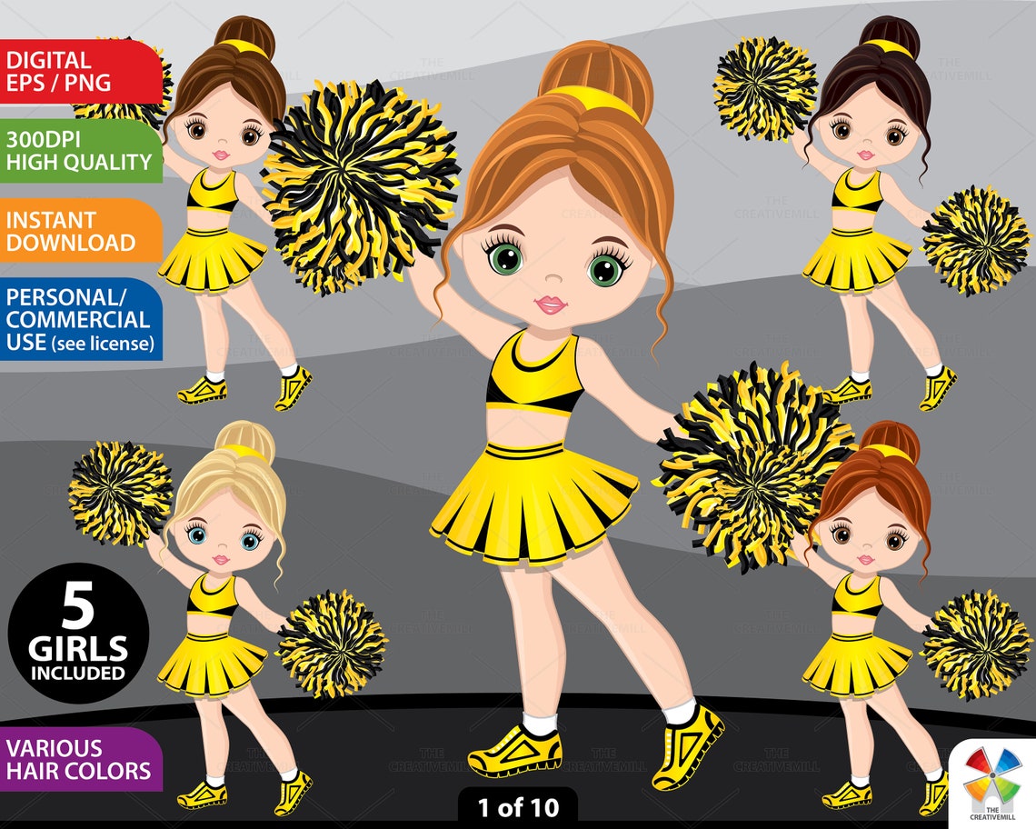 Yellow Cheerleader Clipart Vector Pom Sport Gold - Etsy