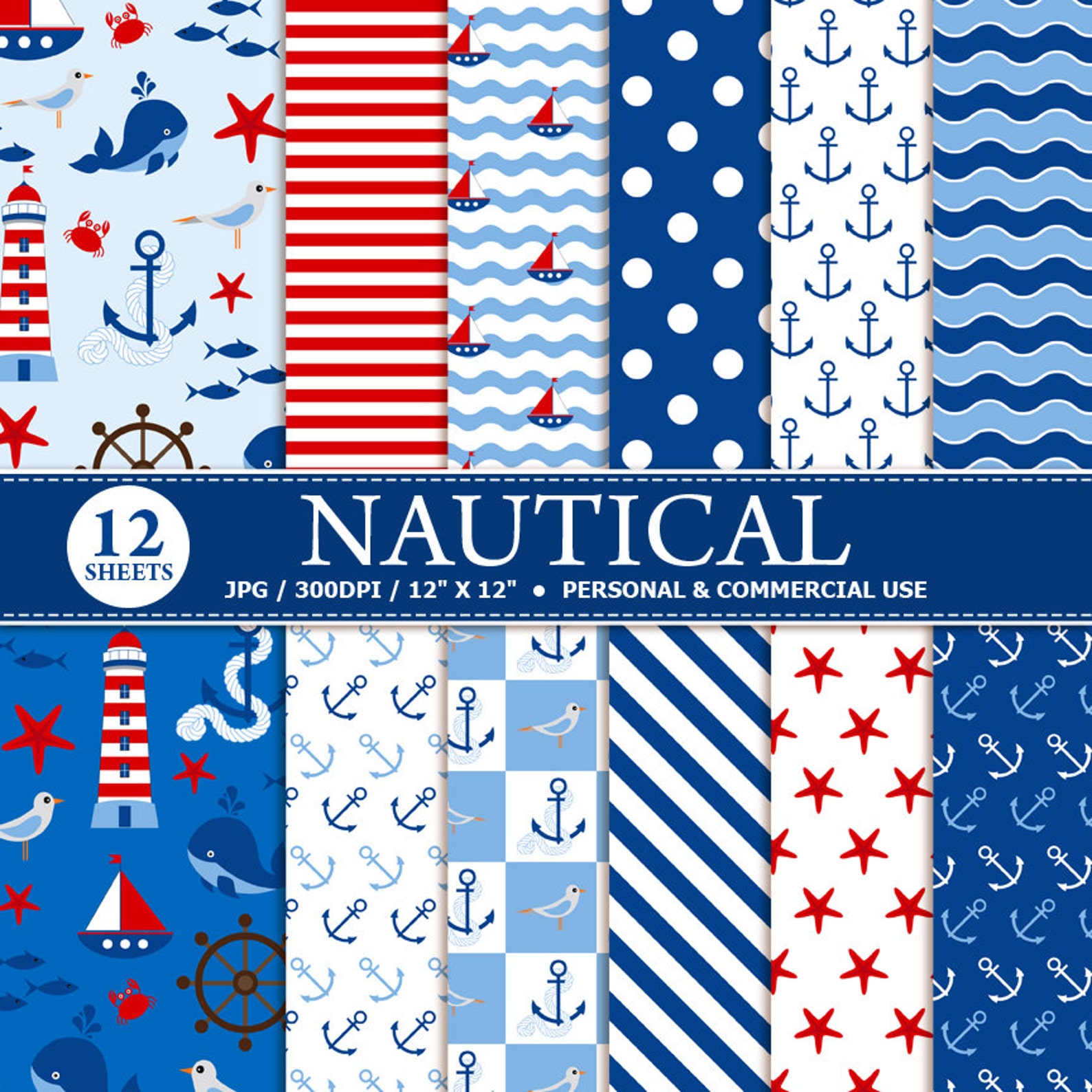 12 Nautical Digital Scrapbook Paper Digital Paper Patterns - Etsy