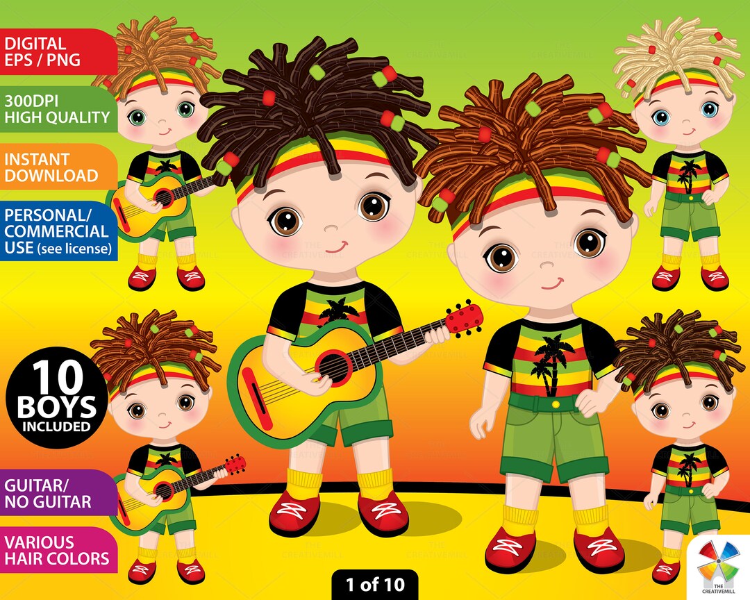Reggae Boy Clipart, Vector Rasta Boy, Cute Little Boy, Guitar, PNG ...