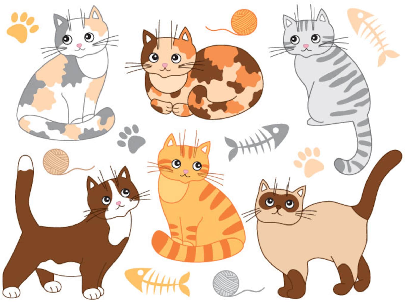 Katze-Clipart digitale Vektor Katzen Fische Pfotenabdruck | Etsy